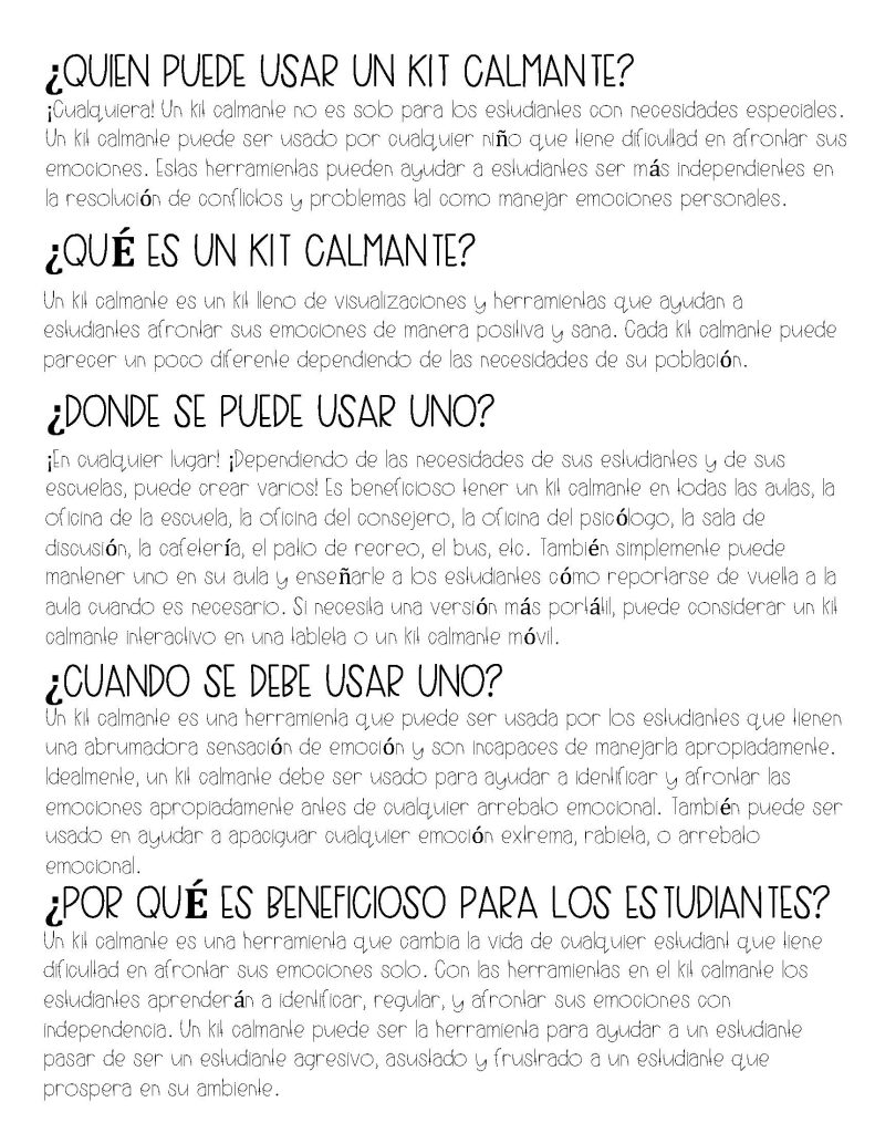 SPANISH Calm Down Kit Corner- Tools for the Primary Grades » Autism ...